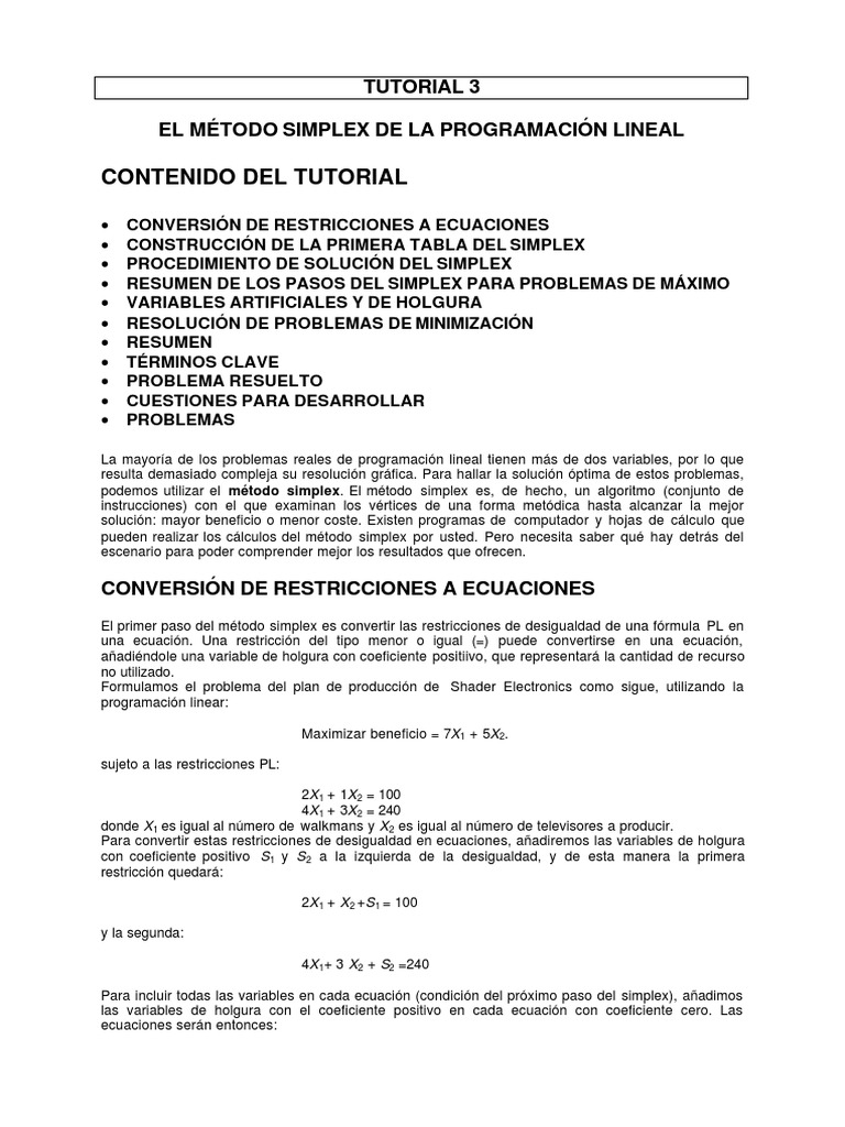 PL - Metodo Simplex PDF | PDF | Programación lineal | Ecuaciones