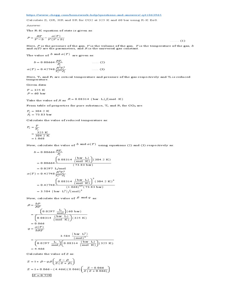At RT P VBVVB: Calculate Z, GR, HR and SR For Co2 at 325 K and 60 Bar ...