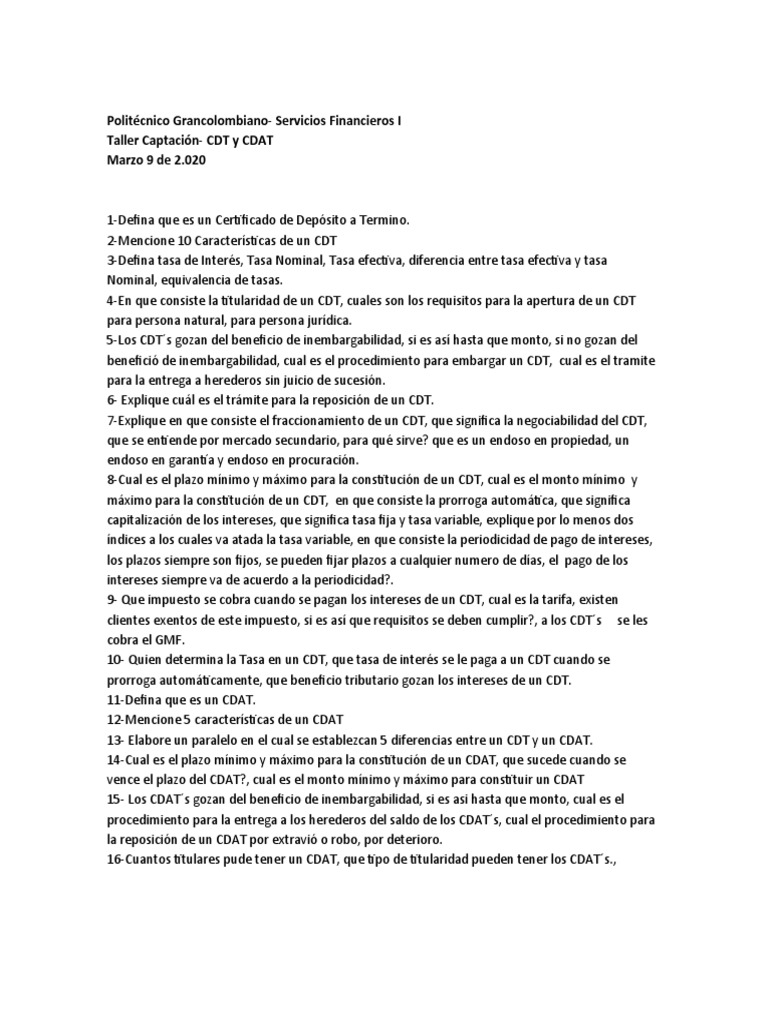 Taller Captación CDT y CDAT | PDF | Interés | Dinero