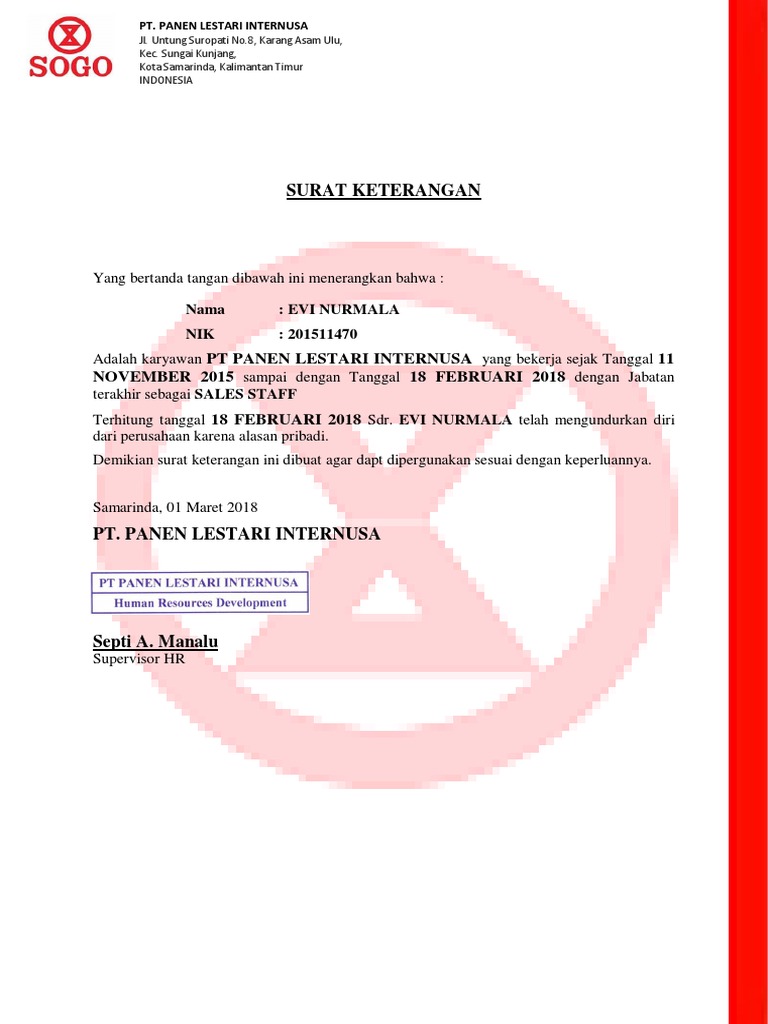 Surat Keterangan Sogo | PDF