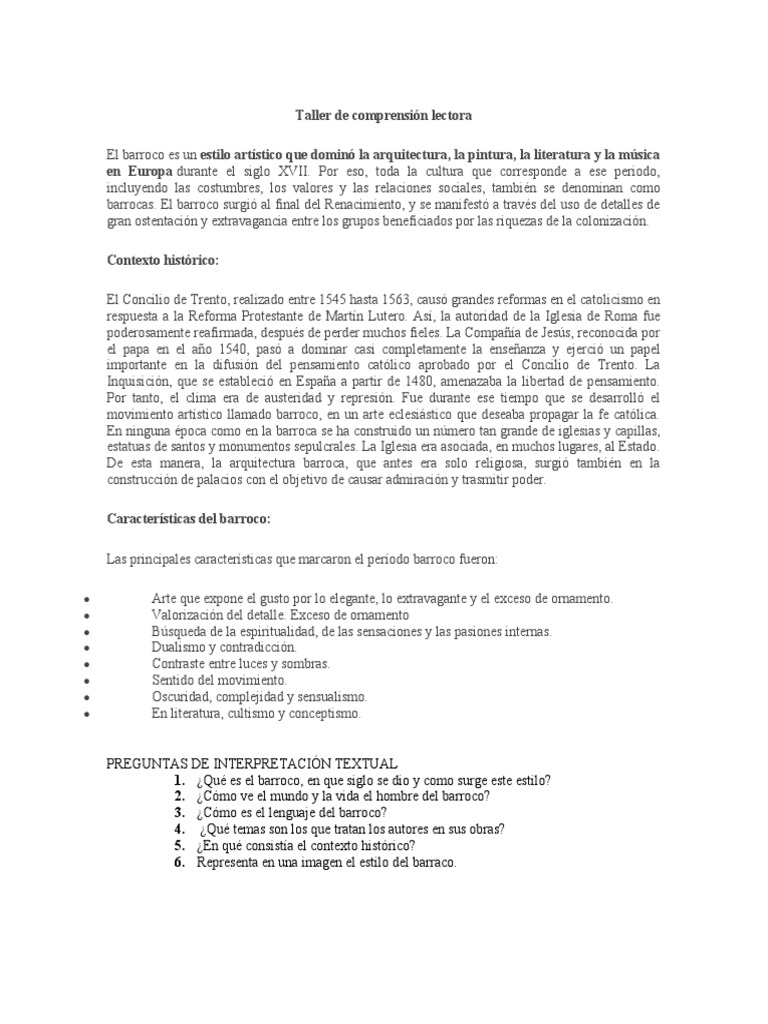 Taller de Comprensión Lectora 9 | PDF | Barroco | Iglesia Católica