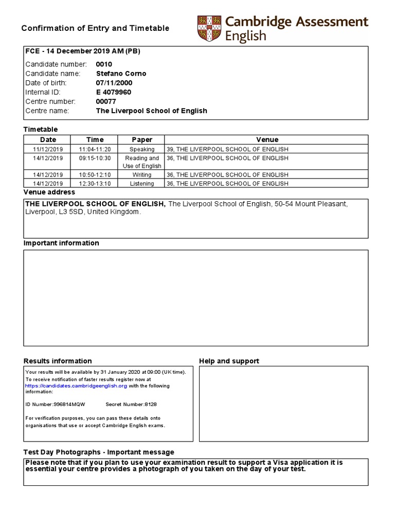 Confirmation of Entry and Timetable | PDF
