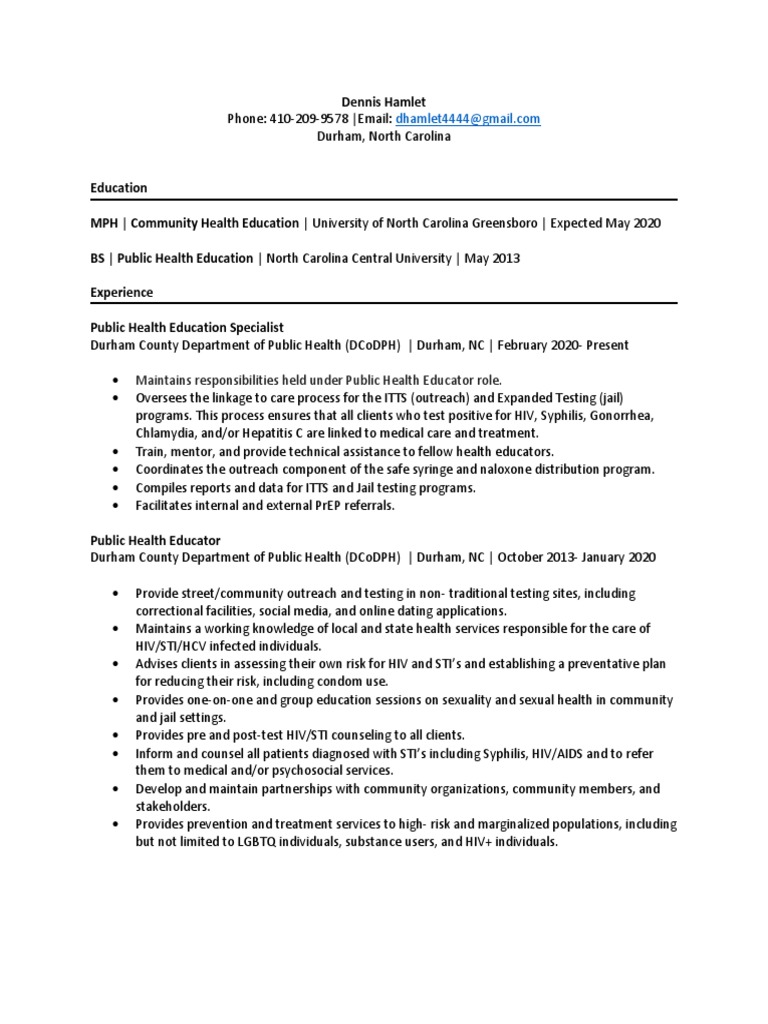 Dennis Hamlet Resume 2020 | PDF | Sexually Transmitted Infection | Hiv/Aids