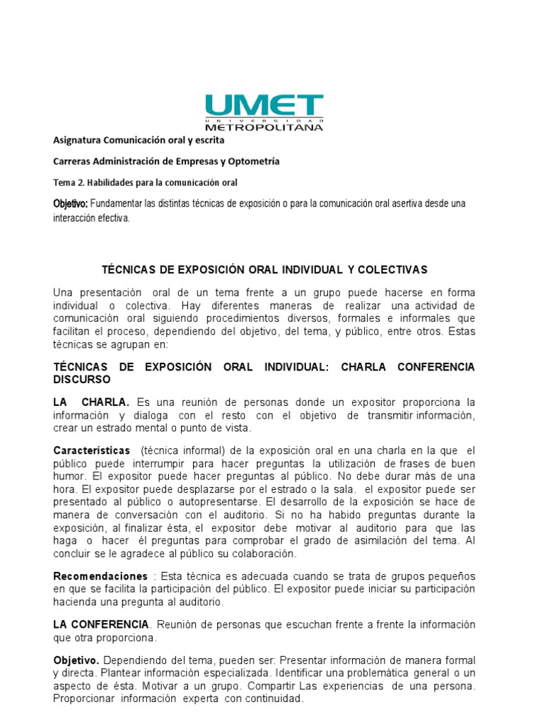 Tecnicas de Exposicion Oral Individual y | PDF | Seminario | Comunicación