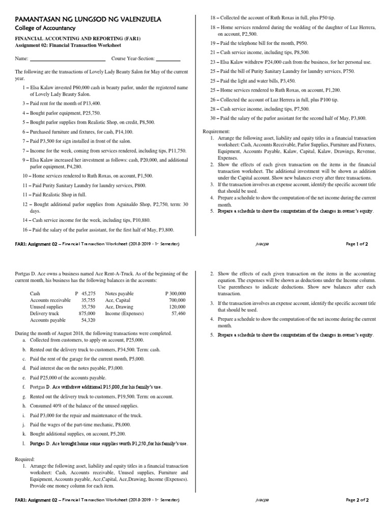 FAR1 ASN02 Financial Transaction Worksheet | PDF | Expense | Equity ...