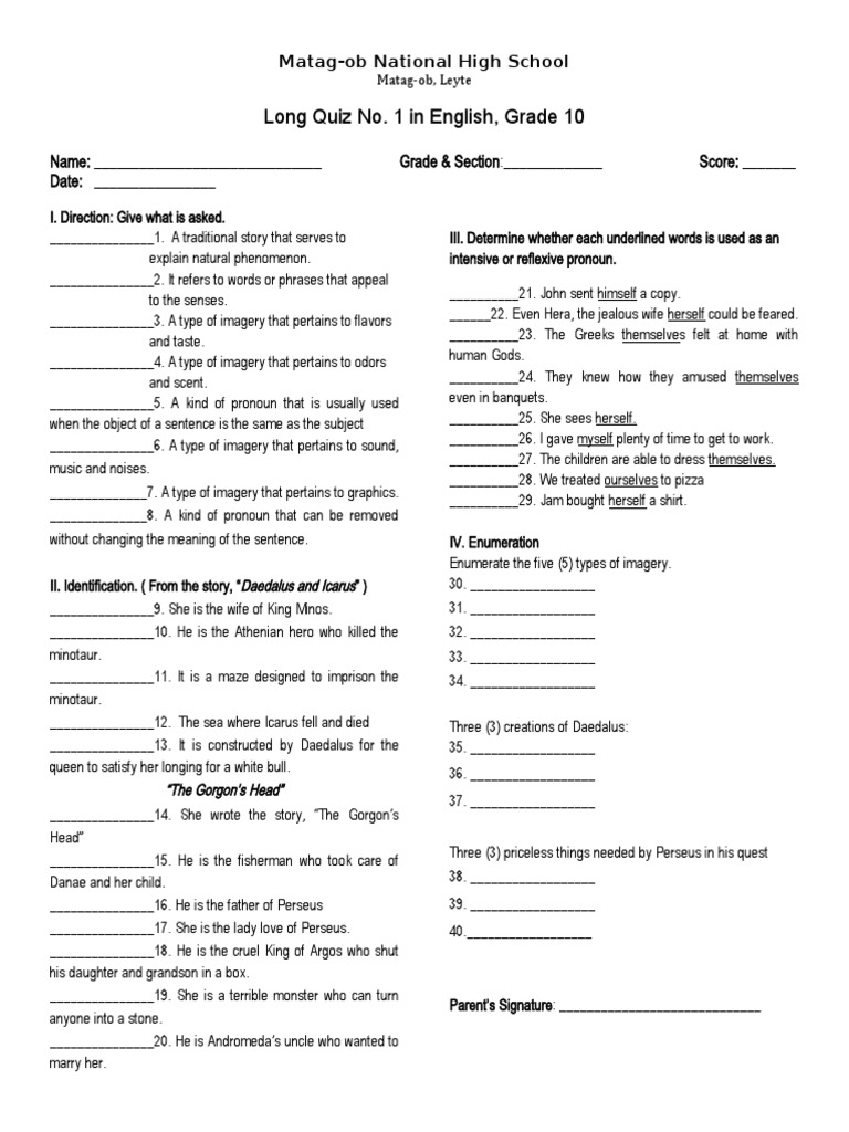 Long Quiz 1 (First Quarter) | PDF | Minotaur
