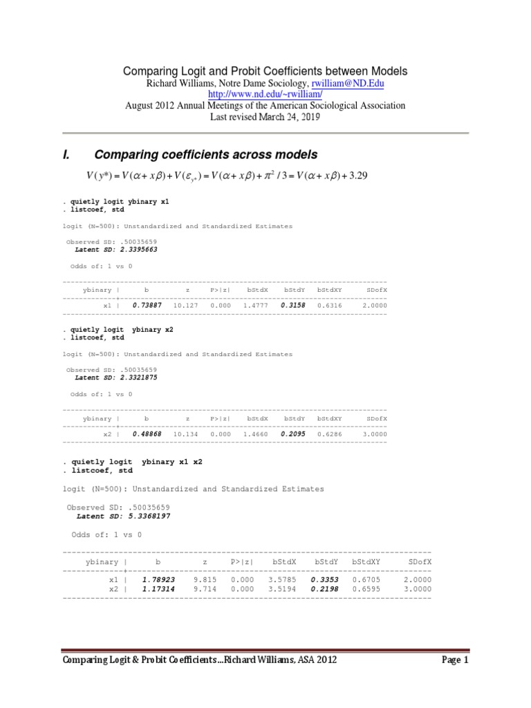 I. Comparing Coefficients Across Models | PDF | Statistical Models ...