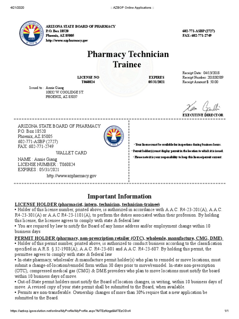 Pharm Tech Trainee License | PDF | License | Pharmacist