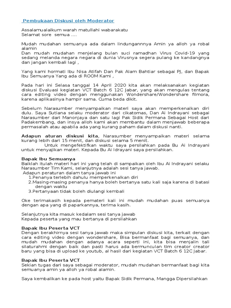 Contoh Pembukaan Diskusi Oleh Moderator | PDF
