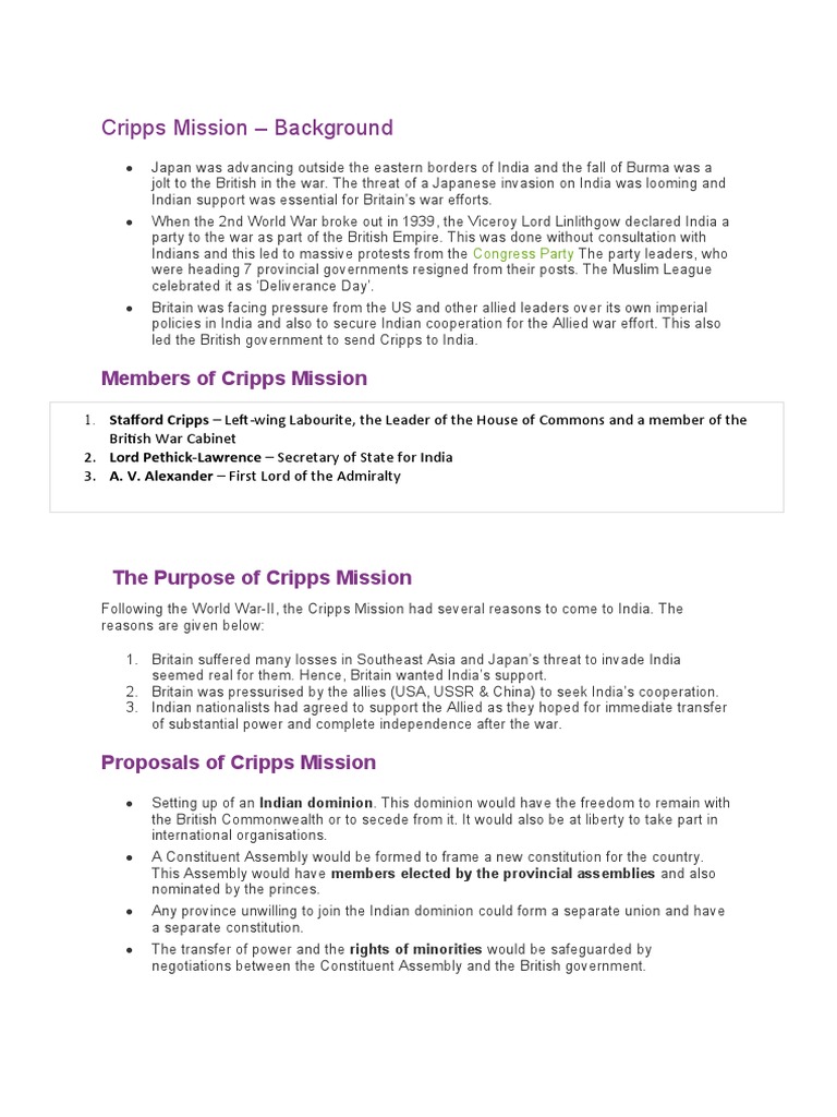 Cripps Mission - Background | PDF | British Raj | Partition Of India