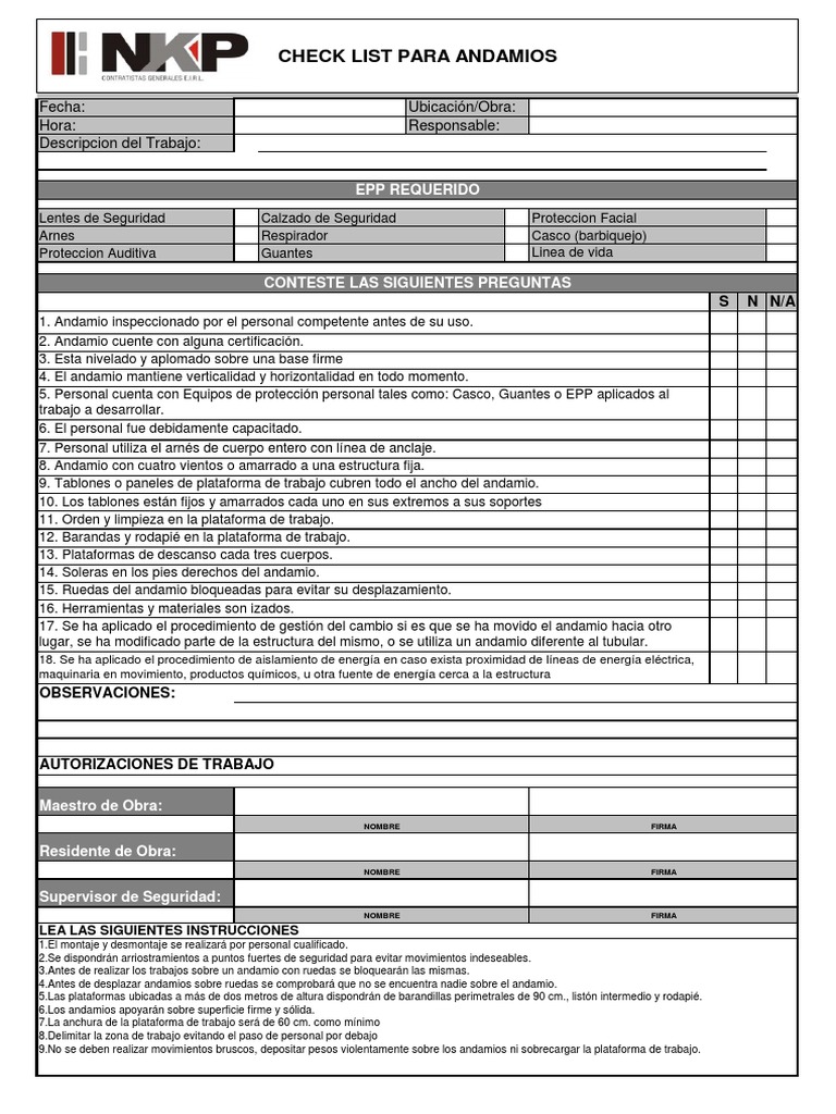Checklist de Seguridad para Andamios | PDF | Andamio | Naturaleza