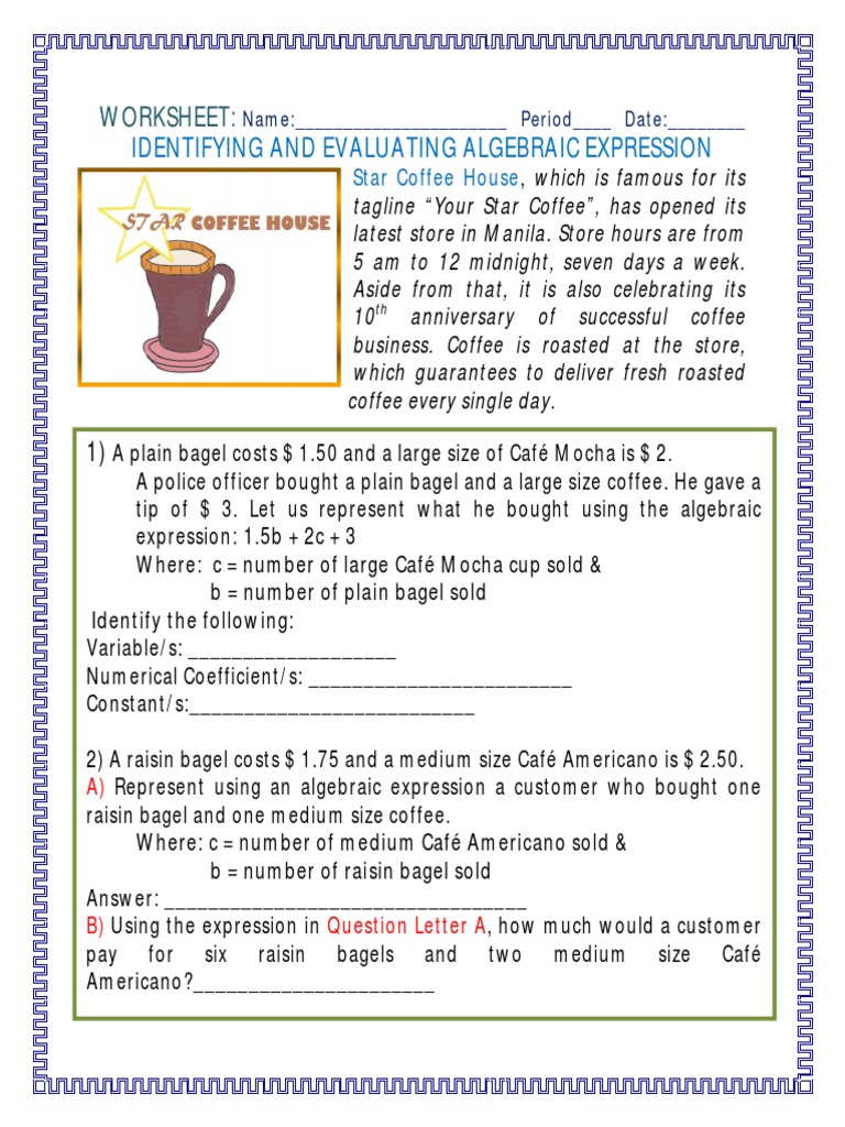 Identifying and Evaluating Algebraic Expression: Worksheet | PDF ...
