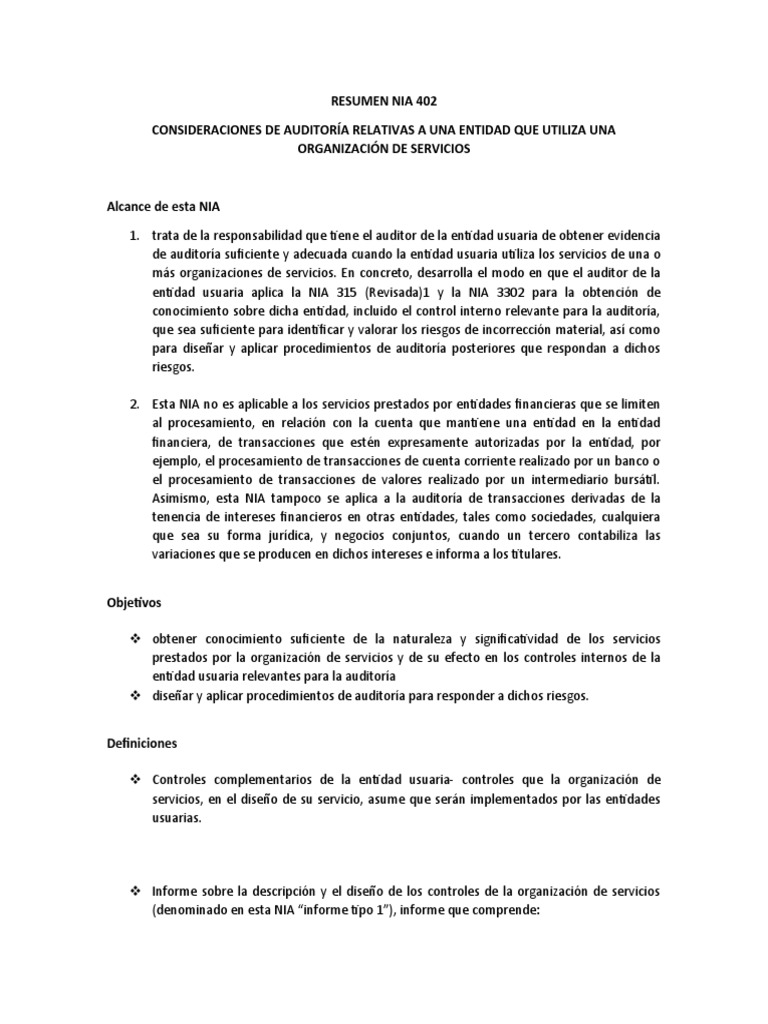 RESUMEN NIA 402 | Auditoría | Contralor