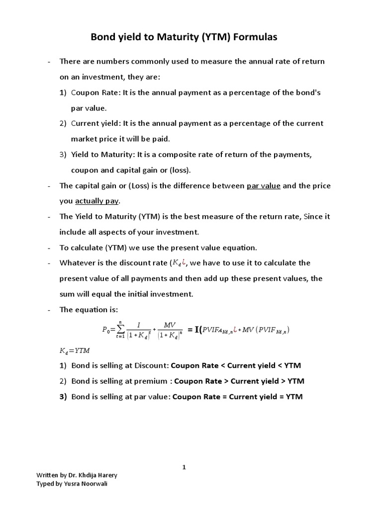 Bond Yield To Maturity (YTM) Formulas | PDF | Bonds (Finance) | Yield ...