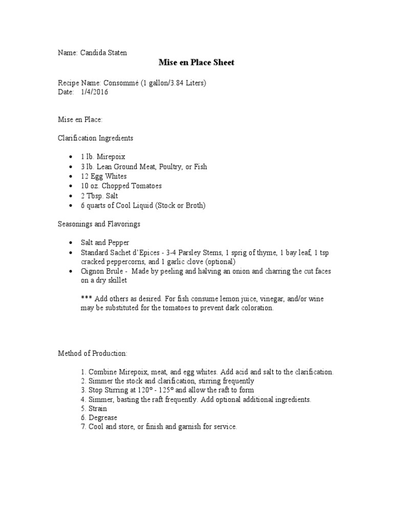 Mise en Place Sheet | PDF