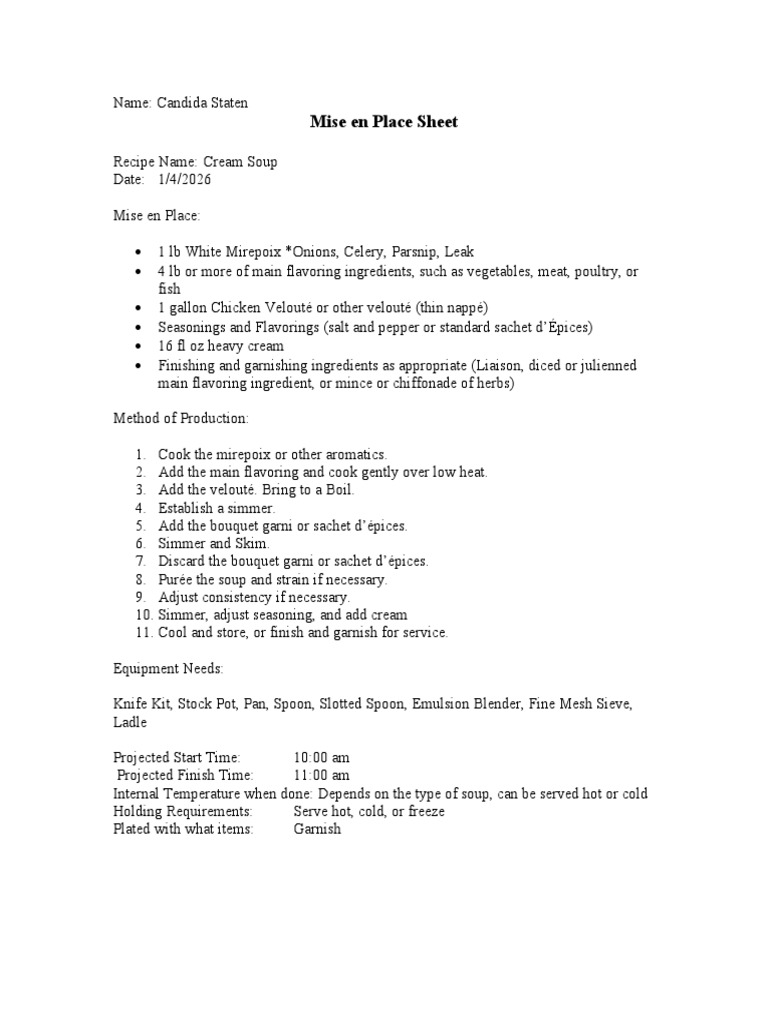 Cream Soup Mise en Place Sheet | PDF