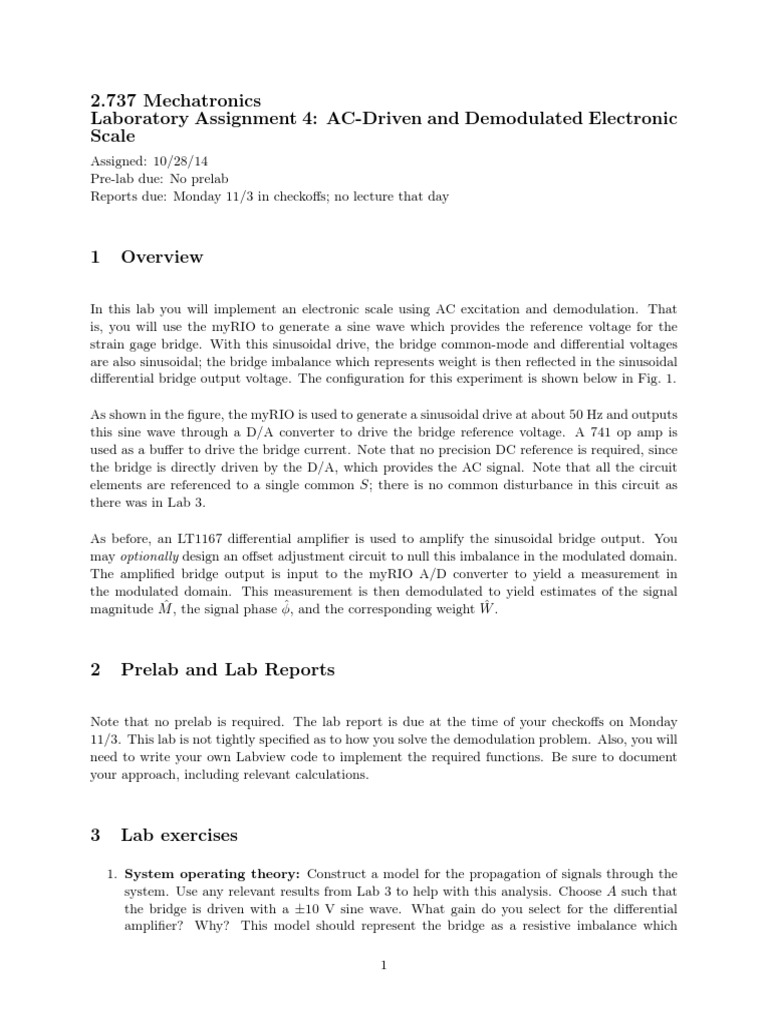 2.737 Mechatronics Laboratory Assignment 4: AC-Driven and Demodulated Electronic Scale | PDF ...