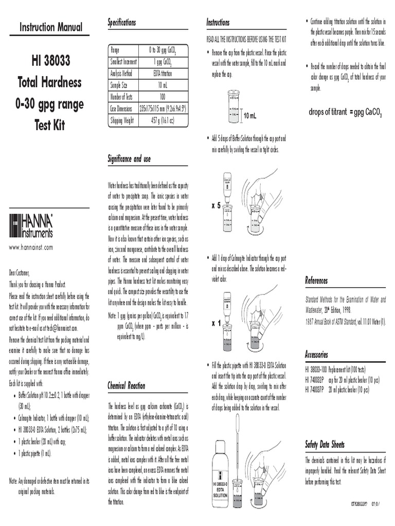 HI 38033 Total Hardness 0-30 GPG Range Test Kit: Instruction Manual ...
