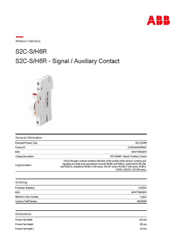 2CDS200922R0001 s2c S h6r Signal Auxiliary Contact PDF | PDF ...