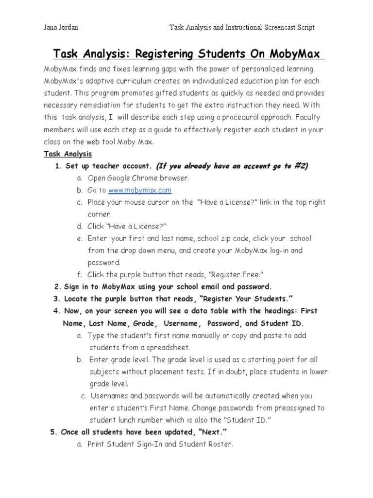 Task Analysis: Registering Students On Mobymax | PDF | Password | Spreadsheet