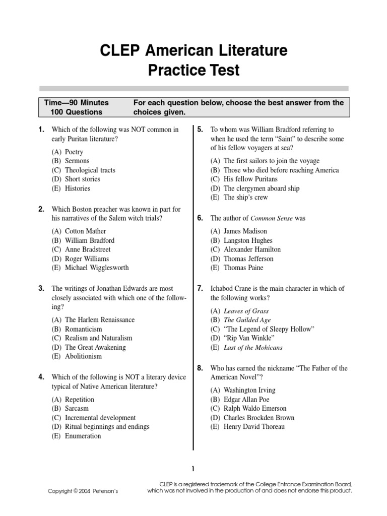 CLEP American Literature Practice Test | PDF | American Literature ...