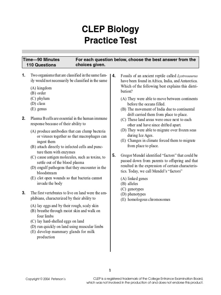 CLEP Biology Practice Test | PDF | Chloroplast | Hemoglobin