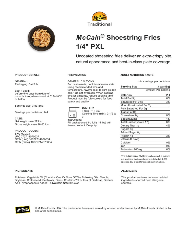 Shoestring Fries 1/4" PXL: Mccain | PDF | Cooking | Fat