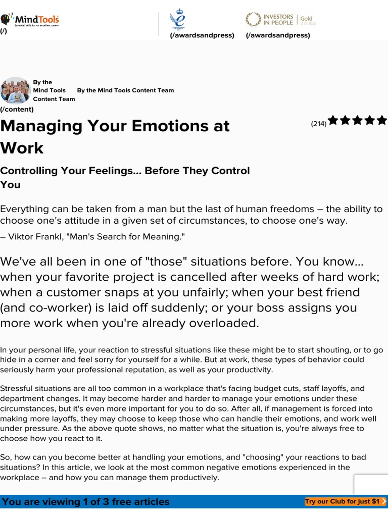 Managing Your Emotions at Work - Career Development From | PDF | Self ...