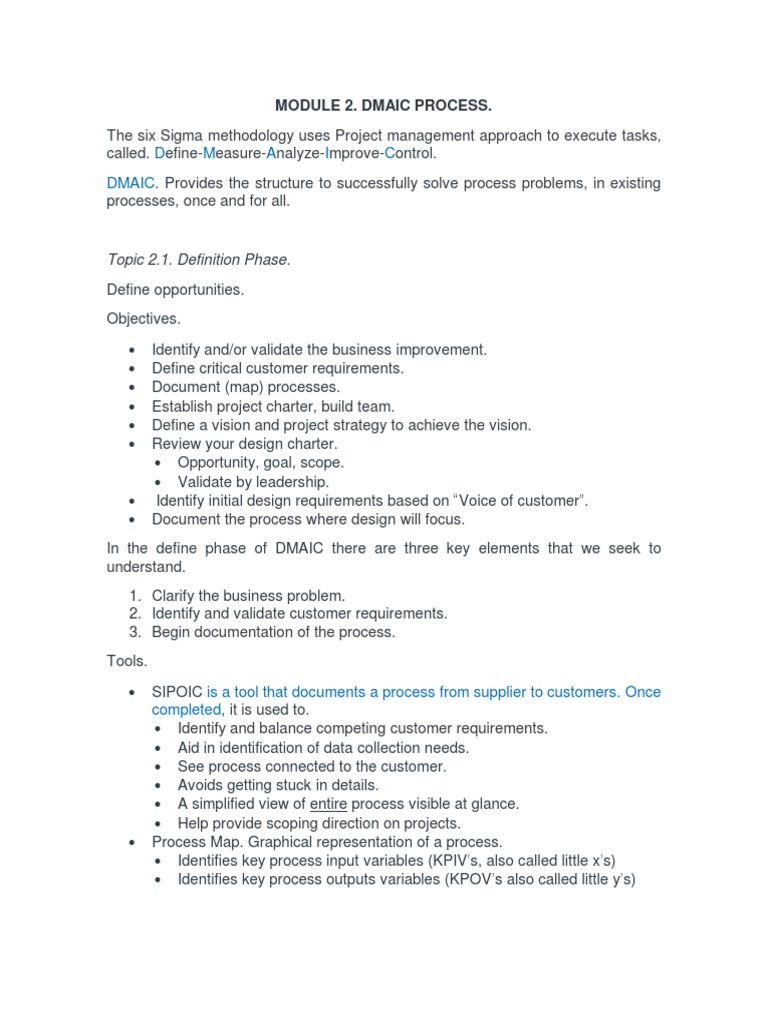 D M A I C Dmaic: Topic 2.1. Definition Phase | PDF | Six Sigma | Business