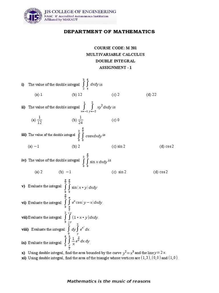 Assignment-1 - Multivariable Calculus - M 201 | PDF | Area | Integral