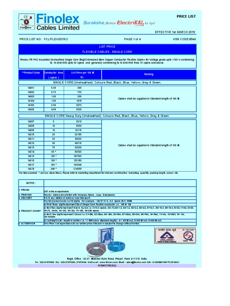 List Price Flexible Cables - Single Core: Product Code Conductor Area ...