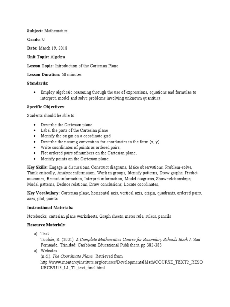 Cartesian Plane 5E Lesson Plan | PDF | Cartesian Coordinate System ...