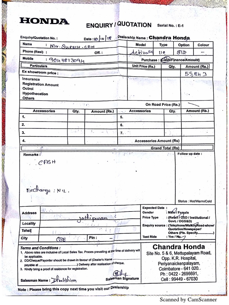 honda activa quotation