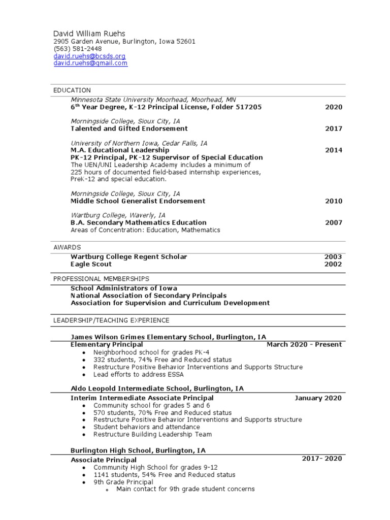 Resume David Ruehs | PDF | Individualized Education Program | Teachers