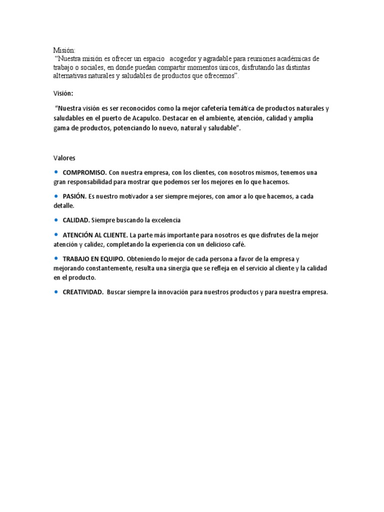 Misión, Vision y Valores de Una Cafeteria | PDF