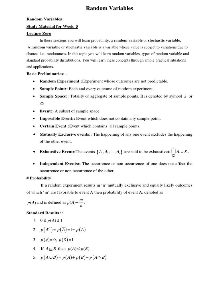 Random Variables: Random Variables Study Material For Week 5 Lecture ...