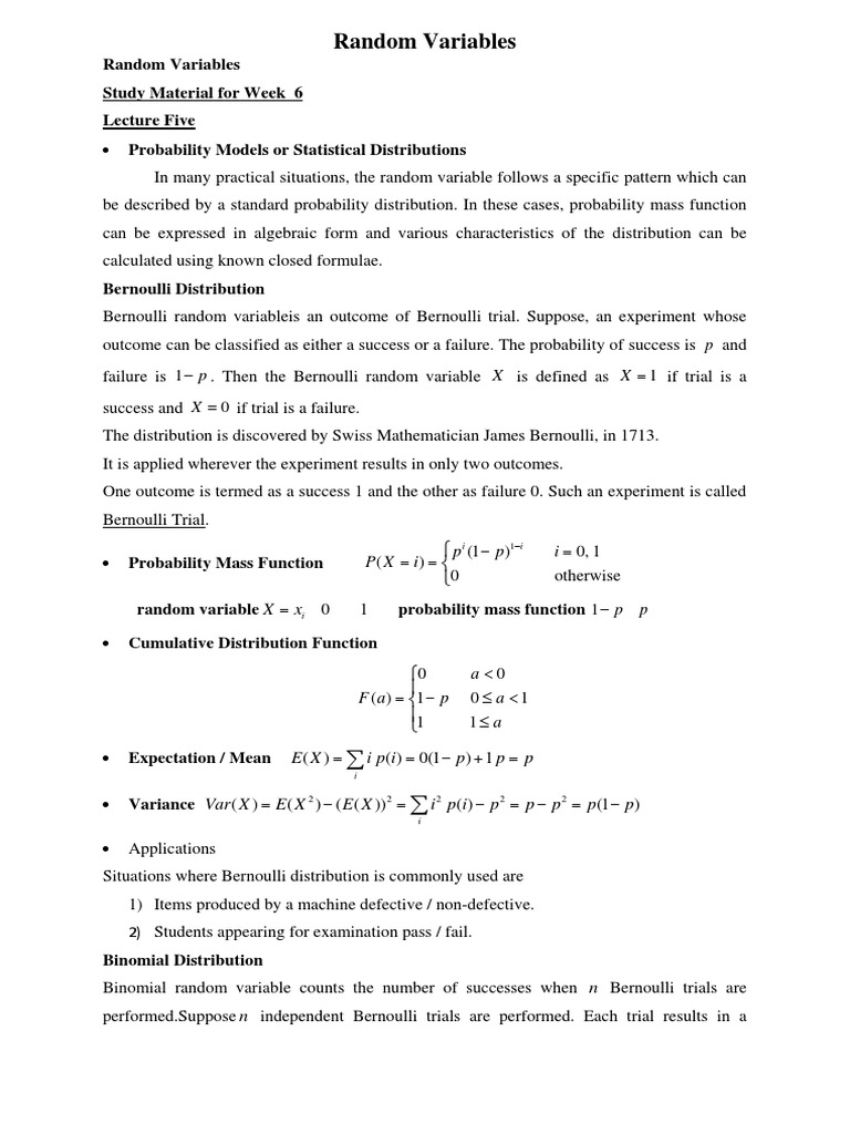 Random Variables: Random Variables Study Material For Week 6 Lecture Five | PDF | Probability ...