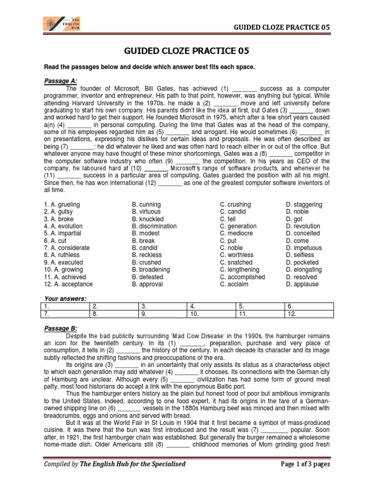 Guided Cloze Practice 05: Read The Passages Below and Decide Which ...