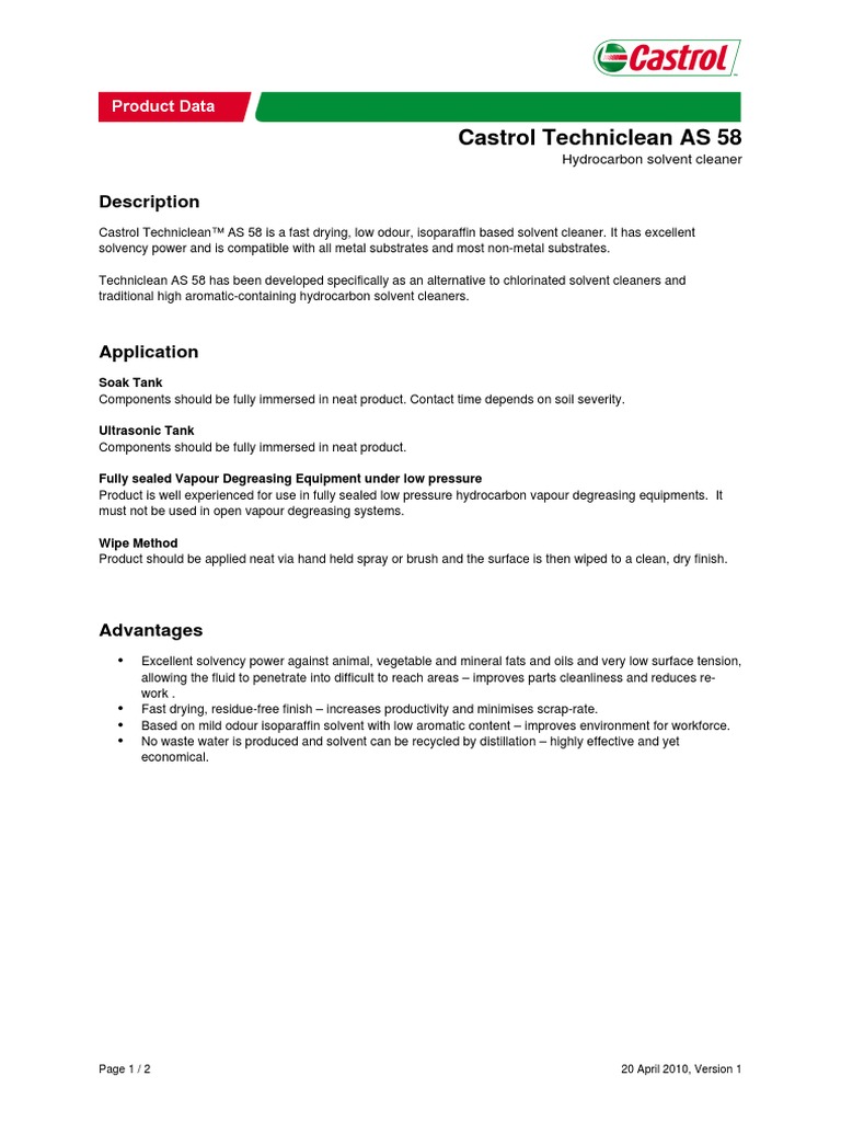 Castrol Techniclean AS 58: Description | PDF | Hydrocarbons | Solvent