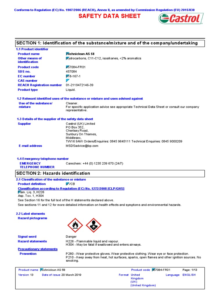 Safety Data Sheet for Techniclean AS 58 Cleaning Product | PDF ...