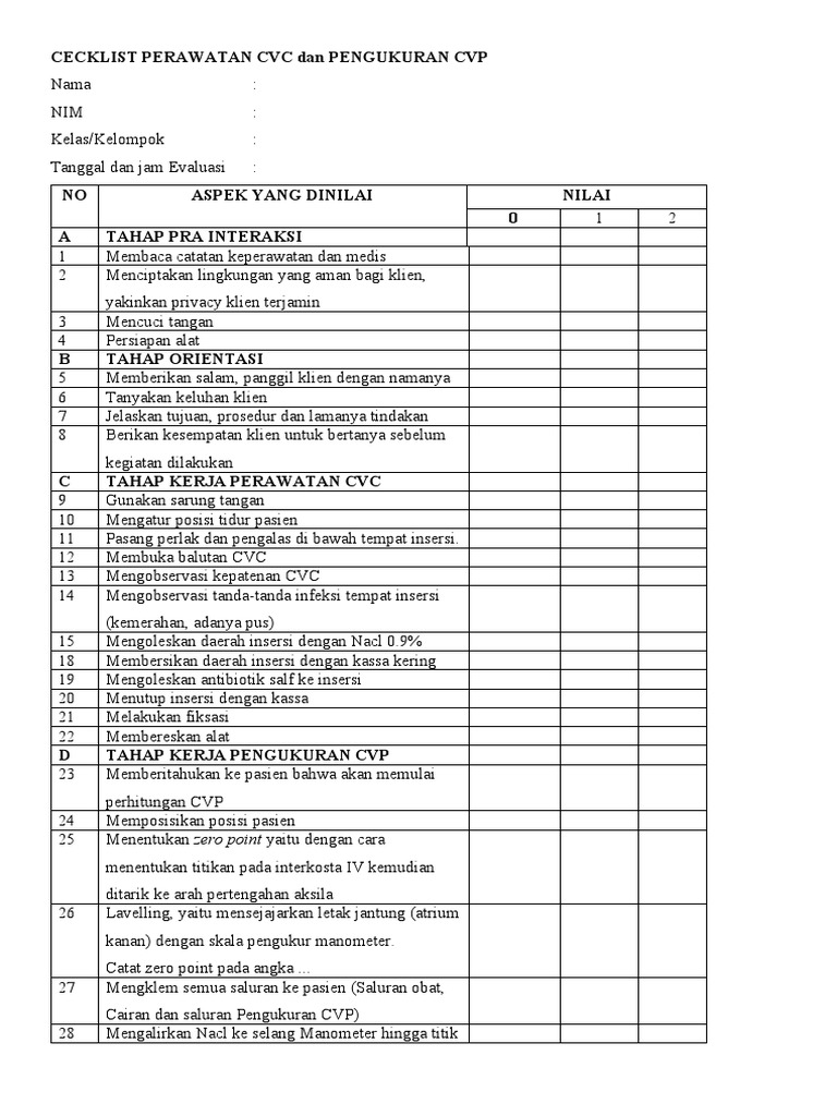 CECKLIST PERAWATAN CVC Dan PENGUKURAN CVP | PDF