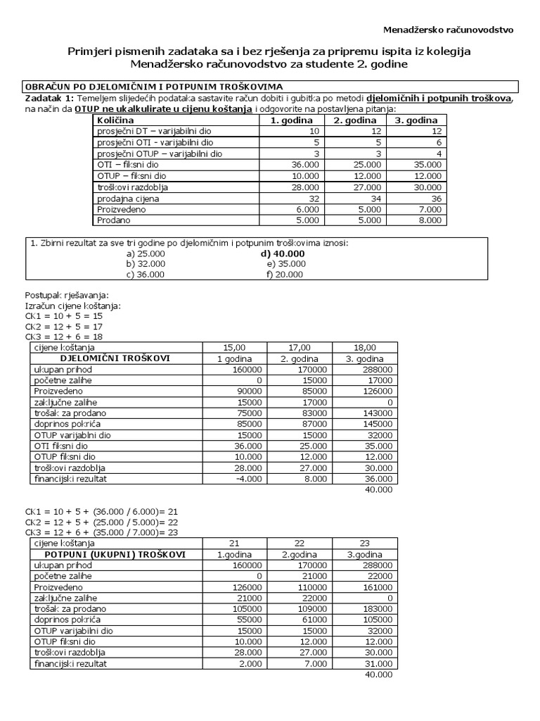 Menadžersko Računovodstvo Primjeri Ispita Za Vjezbu-1 | PDF