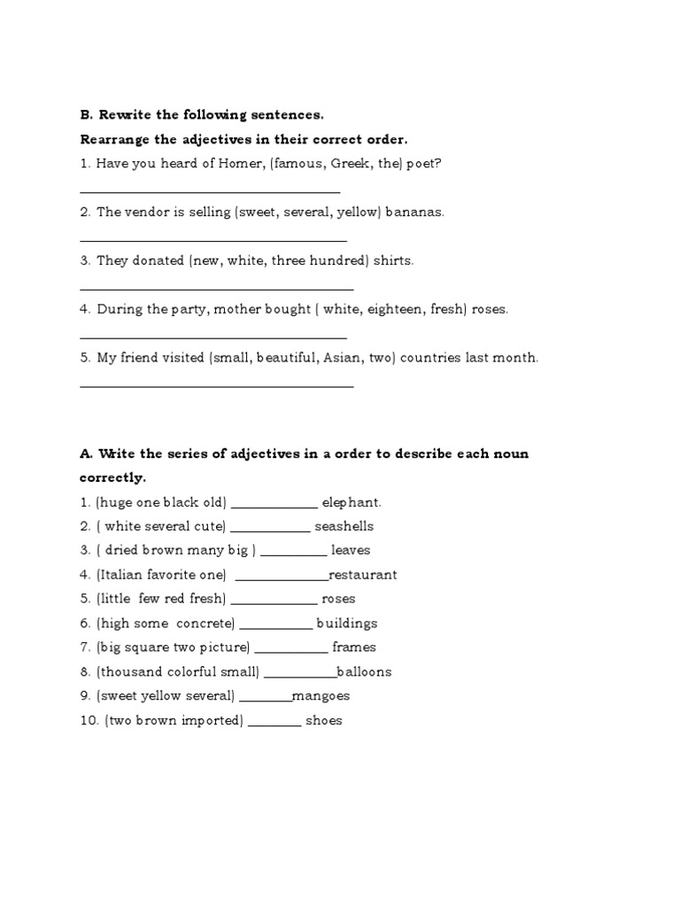 Adjective Order and Sentence Rewrite Guide | PDF