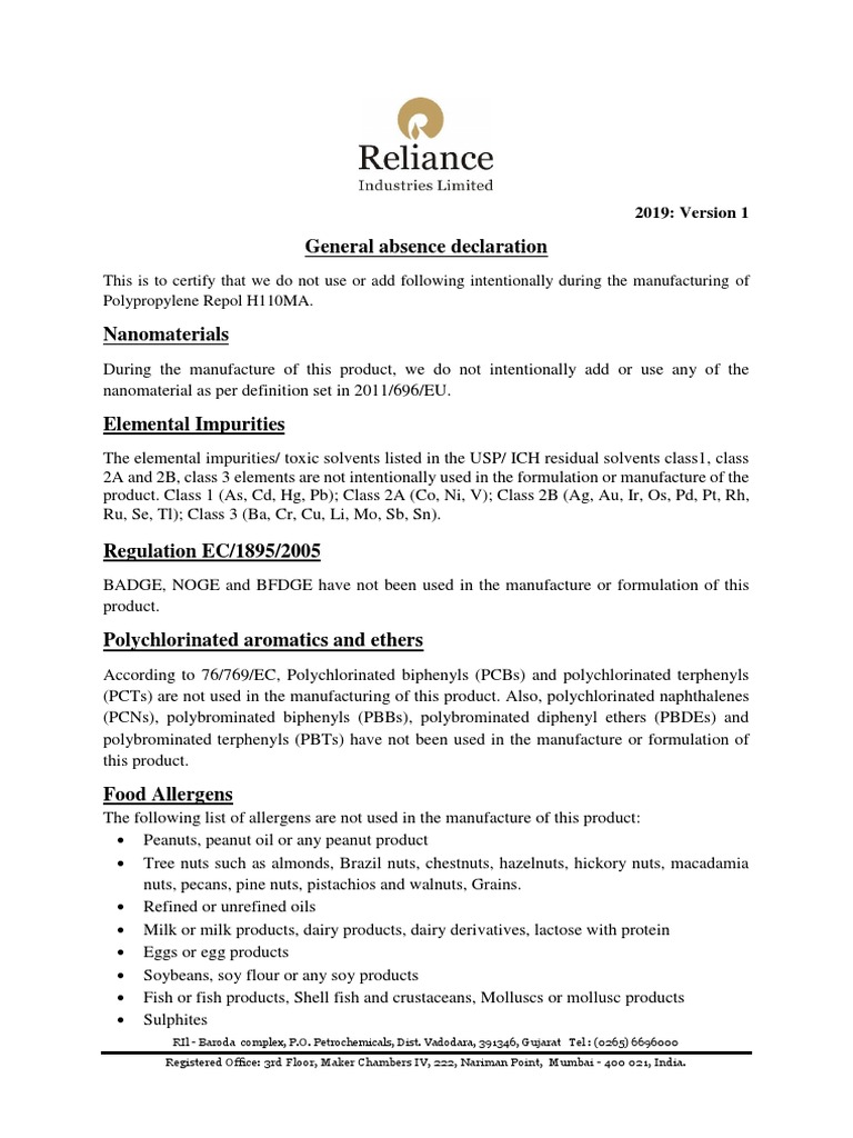 General Absence Declaration | PDF | Chemical Substances | Chemicals