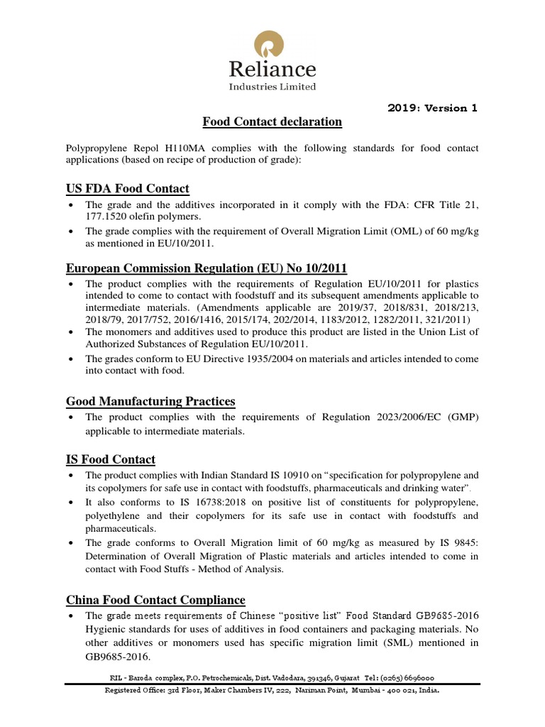 Food Contact Declaration | PDF | Materials | Chemical Substances
