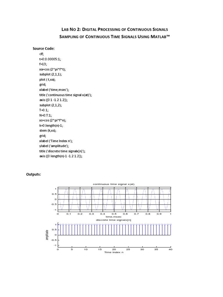 Lab No 2 Digital Processing Of Continuous Signals Sampling Of Continuous Time Signals Using
