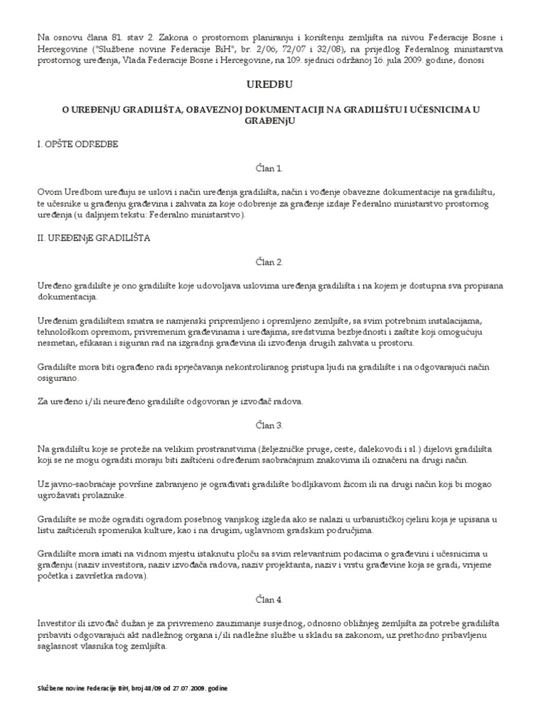 Uredba Uredjenje Gradilista | PDF