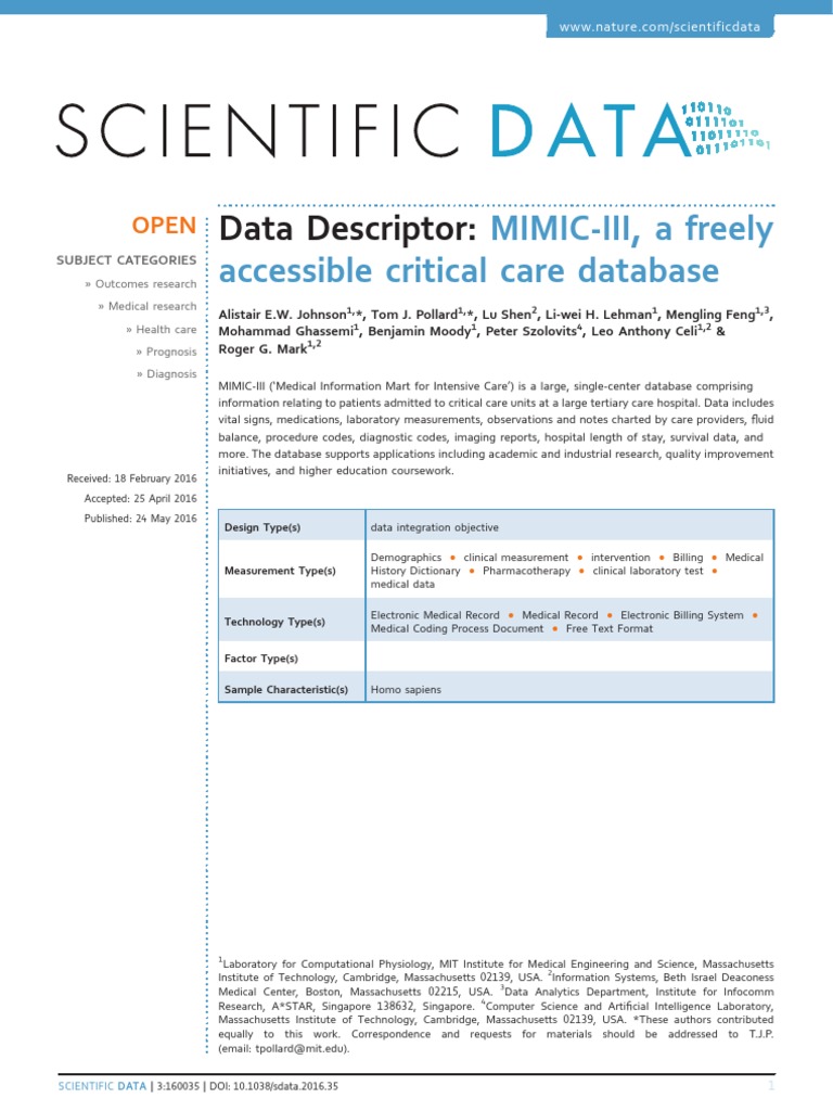 MIMIC-III Clinical Database Overview | PDF | Intensive Care Unit ...