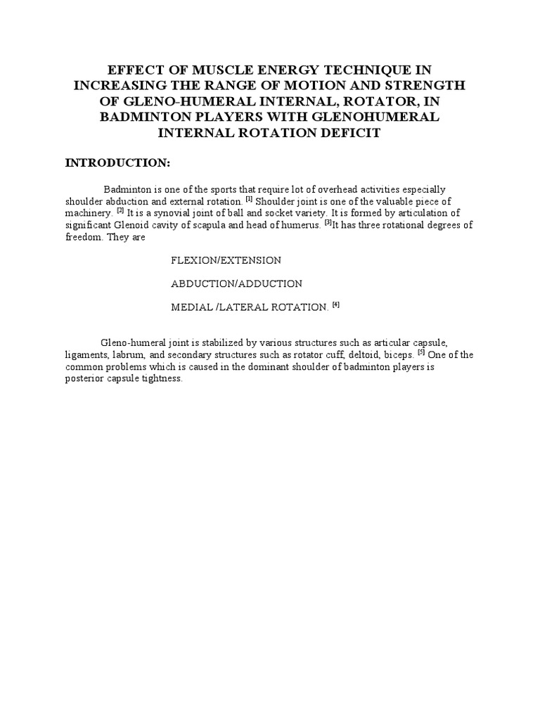 EFFECT OF MUSCLE ENERGY TECHNIQUE IN INCREASING THE RANGE OF MOTION AND STRENGTH OF GLENO ...