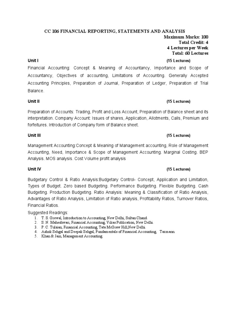 CC 106 Financial Reporting, Statements and Analysis Maximum Marks: 100 ...